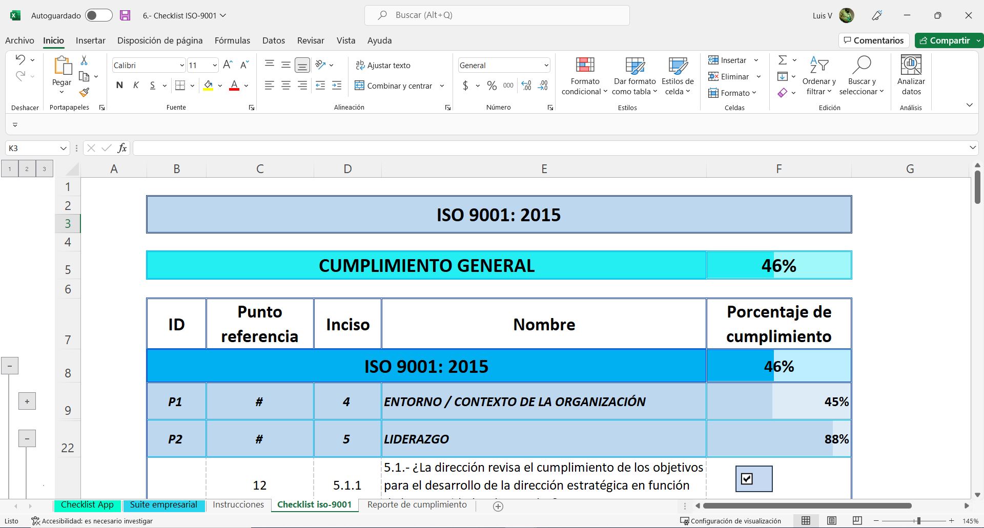 Plantilla Gratuita Excel Checklist ISO 9001 2015